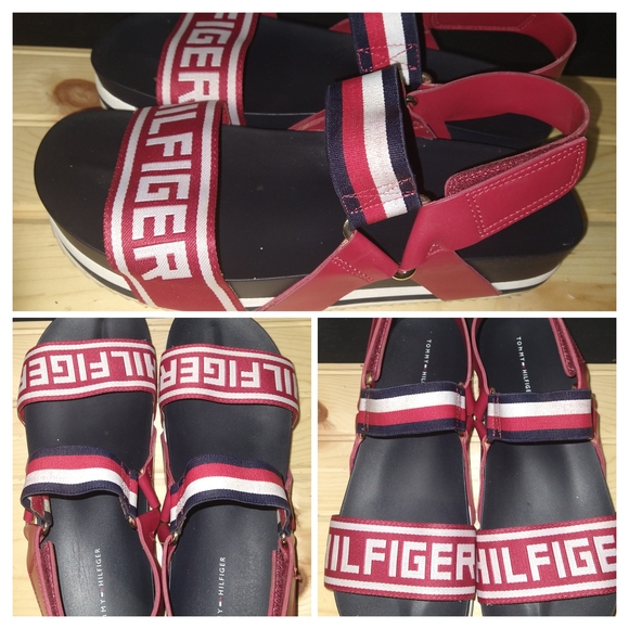 Tommy Hilfiger | Shoes | Tommy Hilfiger Red And Black Strap Sandals ...